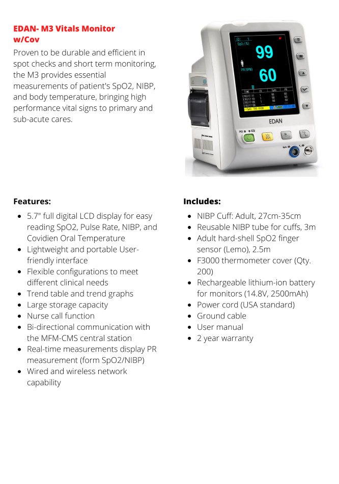 EDAN Diagnostics: M3 Vitals Monitor Digital w/5.7" Full Digital LCD